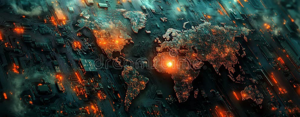 Imaginary World Map with Glowing Elements Stock Illustration ...