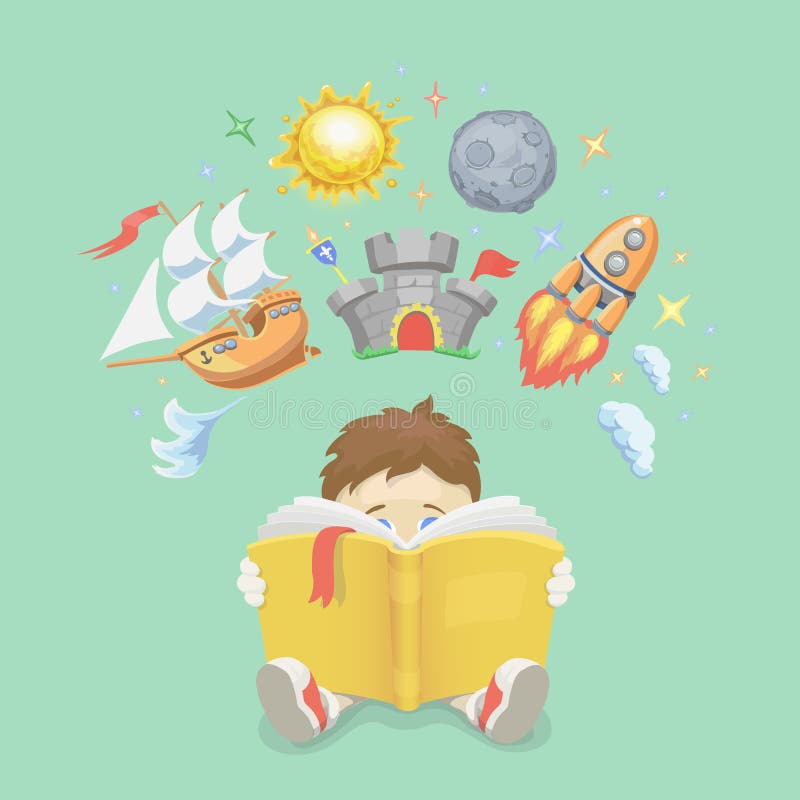 Imagination Concept, Boy Reading a Book, Rocket Stock Vector ...