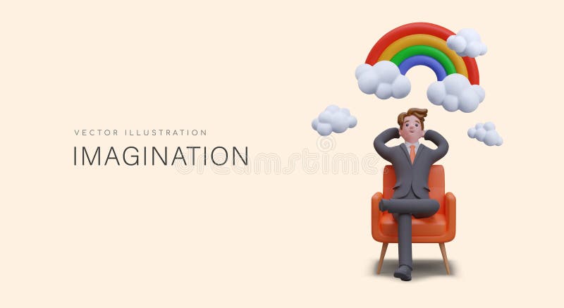 Imagination Concept. Man in Office Suit Sits Under Rainbow Stock Vector ...