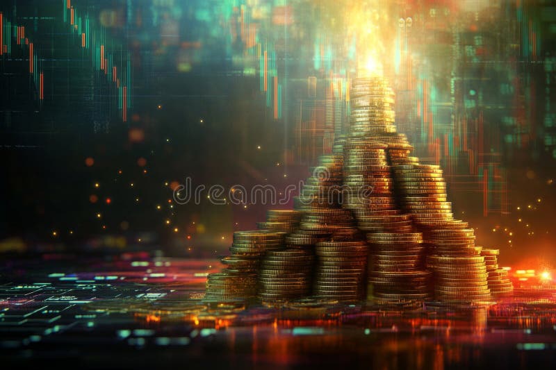 A Vibrant Digital Landscape Featuring a Pyramid of Shining Coins. the ...