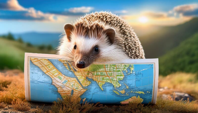 Adventurous Hedgehog Exploring a Vintage Map on a Cozy Armchair, Set ...
