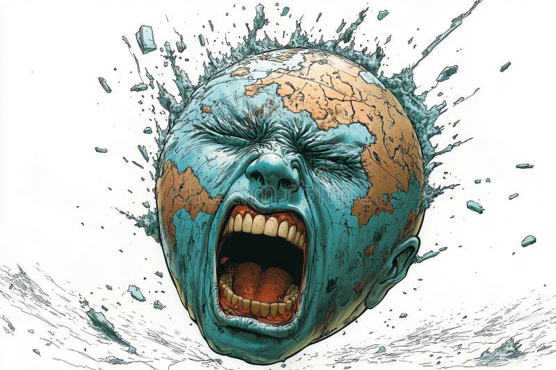 Globe Transformed into a Human Face Expressing Anguish in a Comic Book ...