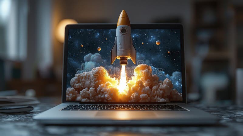 Rocket Launch Visualized on a Laptop Screen Creative Stock Illustration - Illustration of ...