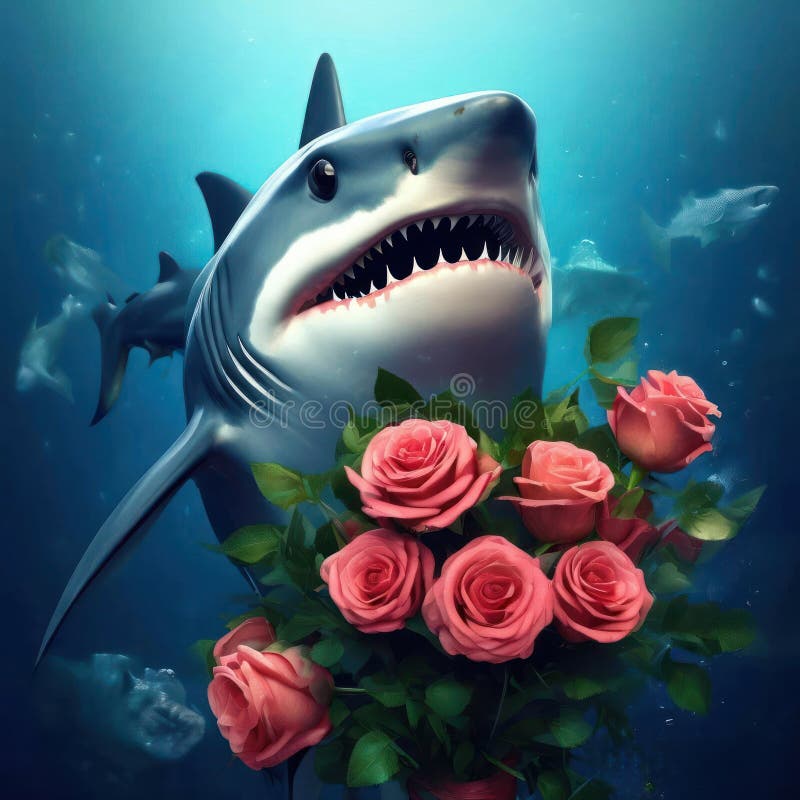 Shark Holding Roses Underwater - AI-Generated Digital Art Stock ...