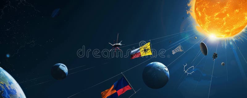 Futuristic Depiction of Flags in Outer Space Orbiting Earth with the ...