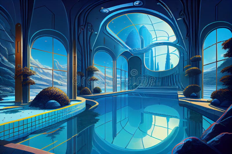 An Imaginative Illustration of a Futuristic Swimming Pool, Featuring ...
