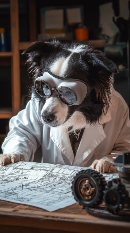 A Clever Dog in Goggles Examines Detailed Blueprints in a Lab Setting ...