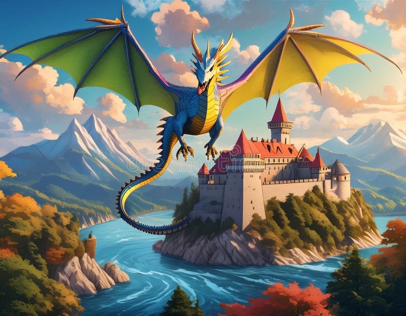 An Imaginative Image of a Huge, Flying Dragon Over a Castle Stock ...