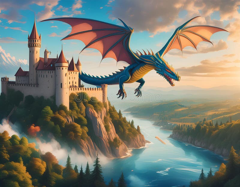 An Imaginative Image of a Huge, Flying Dragon Over a Castle Stock ...