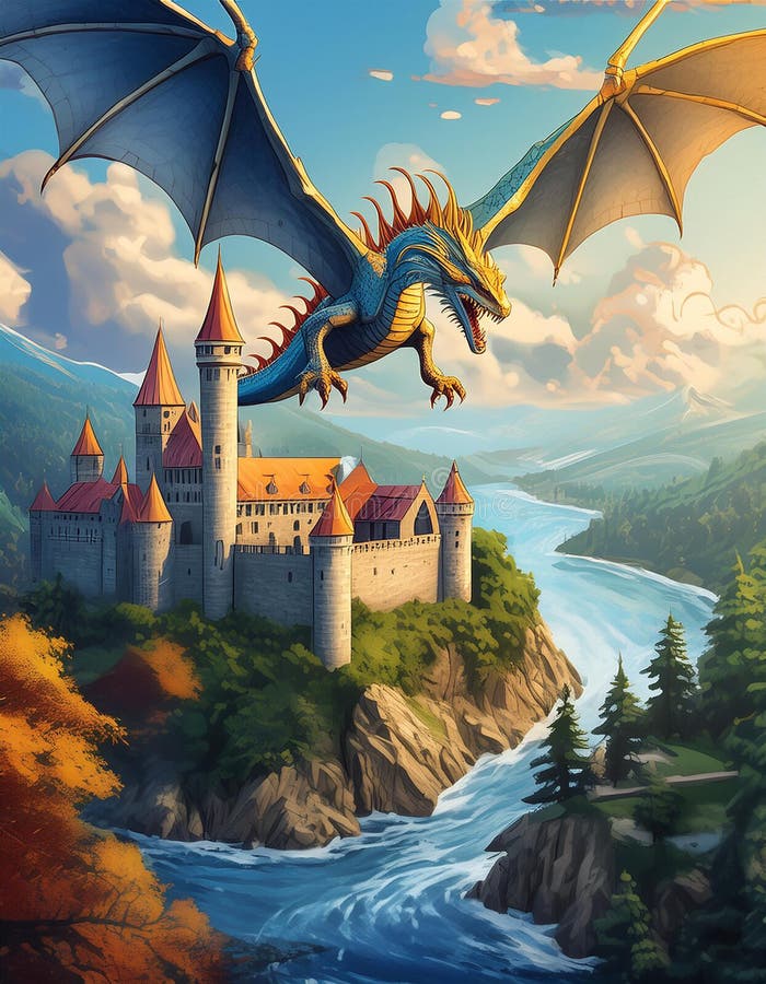 An Imaginative Image of a Huge, Flying Dragon Over a Castle Stock ...