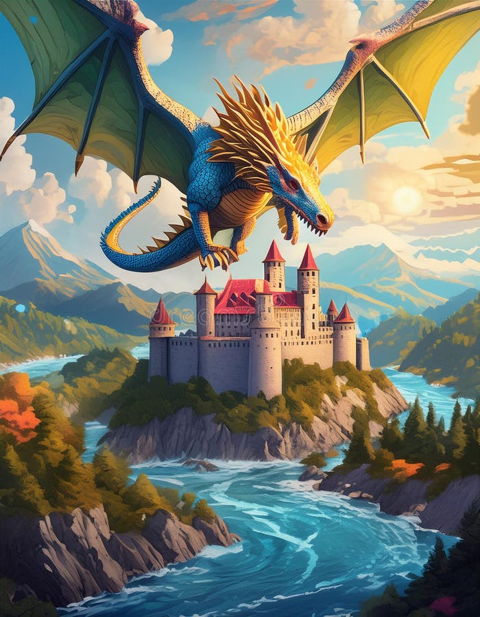 An Imaginative Image of a Huge, Flying Dragon Over a Castle Stock ...
