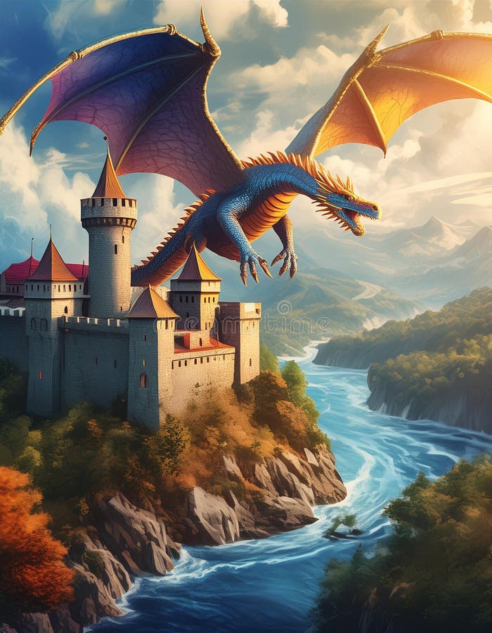 An Imaginative Image of a Huge, Flying Dragon Over a Castle Stock ...