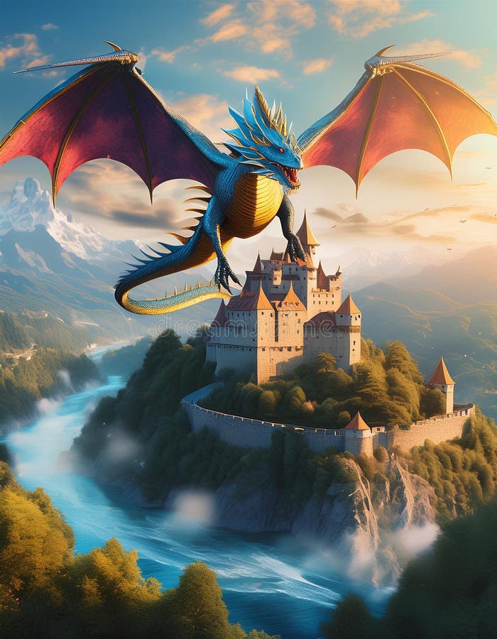 An Imaginative Image of a Huge, Flying Dragon Over a Castle Stock ...