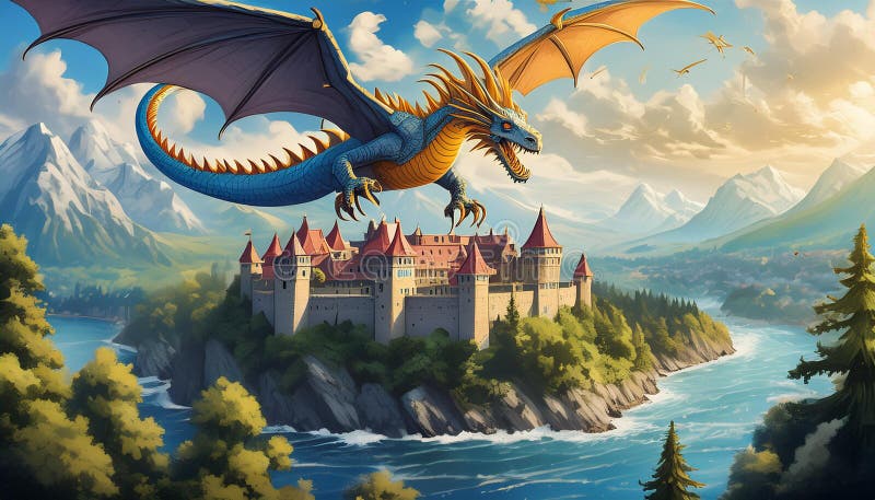 An Imaginative Image of a Huge, Flying Dragon Over a Castle Stock ...