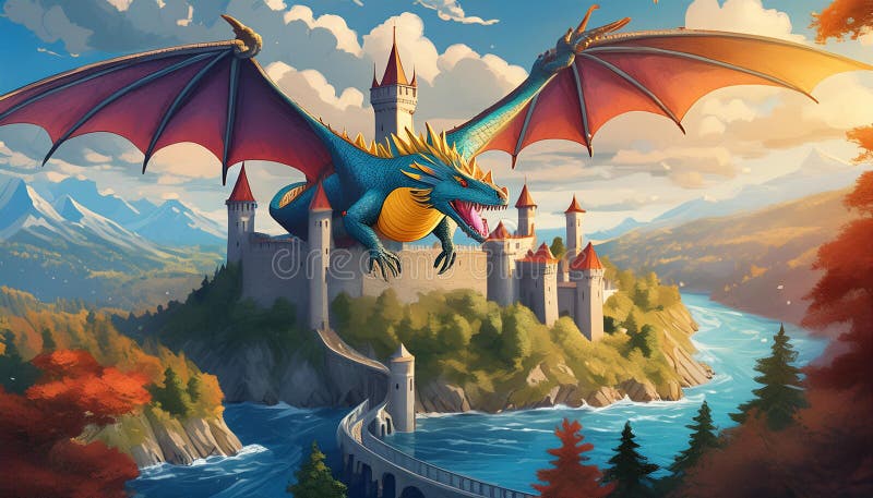 An Imaginative Image of a Huge, Flying Dragon Over a Castle Stock ...