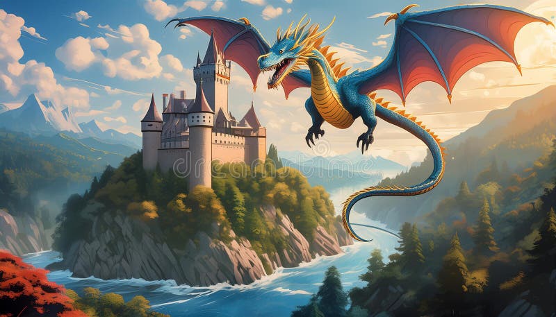 An Imaginative Image of a Huge, Flying Dragon Over a Castle Stock ...
