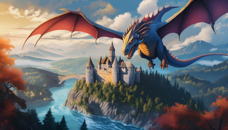 An Imaginative Image of a Huge, Flying Dragon Over a Castle Stock ...