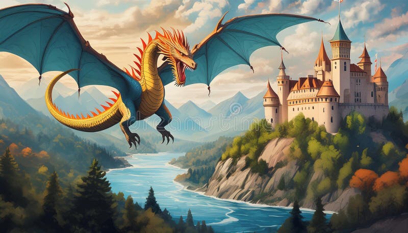 An Imaginative Image of a Huge, Flying Dragon Over a Castle Stock ...