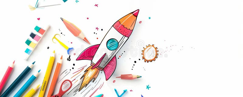 Colorful Crayons and Pencils Arranged into a Rocket Launching with ...