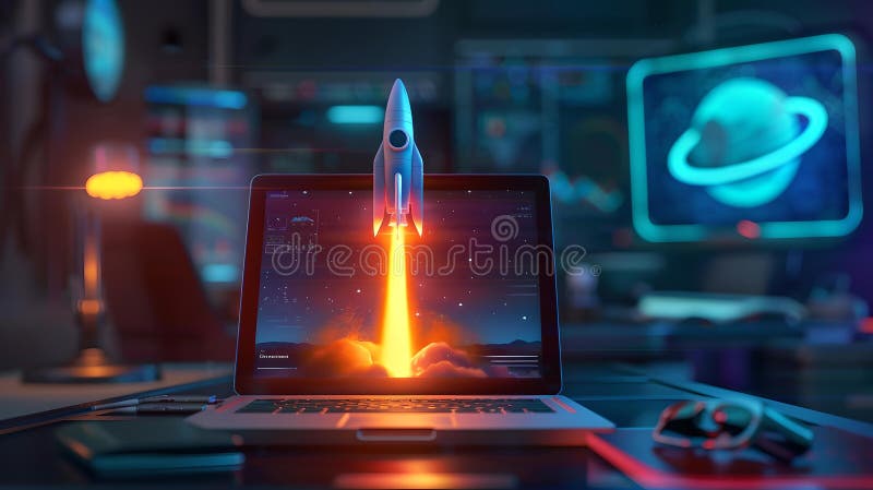 Futuristic Rocket Launch on Laptop Screen in High-tech Workspace ...