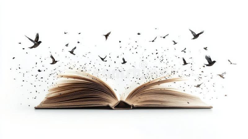 Imaginative Journey: Book Opening with Flying Birds in Double Exposure Art Stock Illustration ...