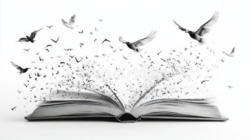 Imaginative Journey of Open Book with Flying Birds in a Double Exposure Scene Stock Illustration ...