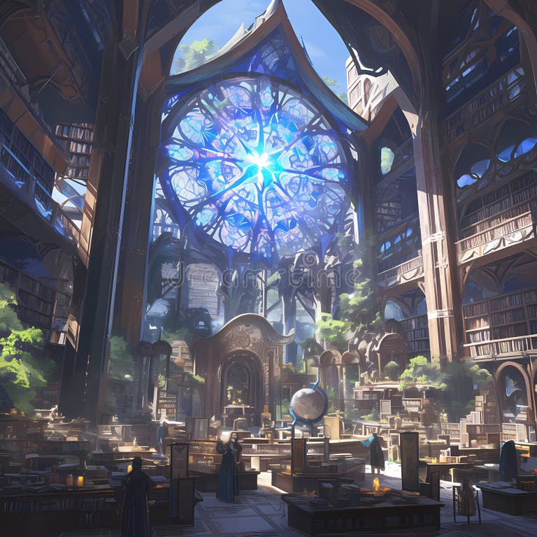 Imaginative Library, Fantasy Study Hall with Blue Window and Trees ...