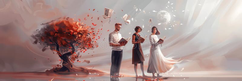 Imaginative Literary Journey: People Reading Amidst Surreal Elements ...