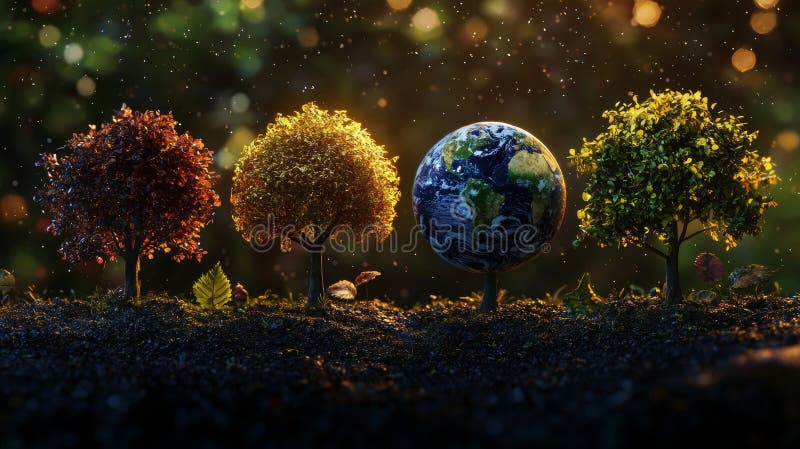 Imaginative Nature Illustration of a Small Planet Featuring Four ...