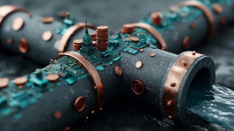 Imaginative Pipeline Transporting Coins with Cityscape Design ...