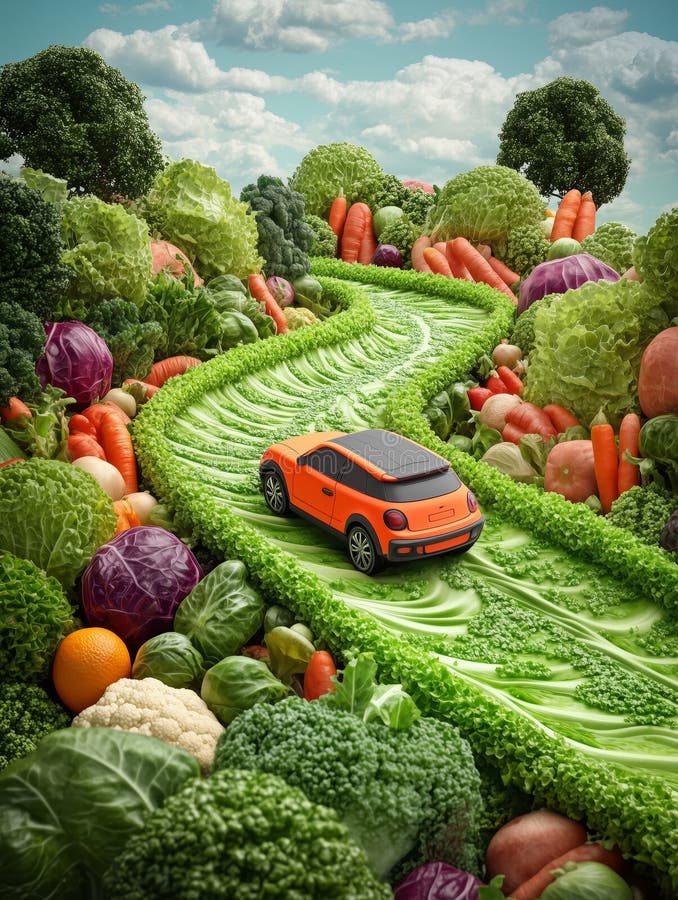 A Vibrant Orange Toy Car Drives through a Lush Vegetable Landscape ...
