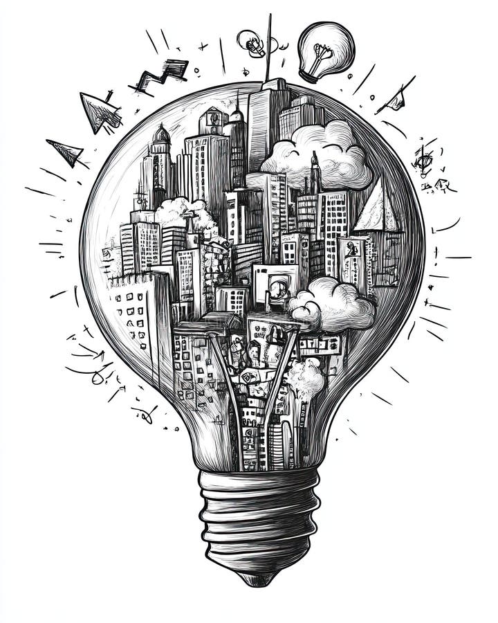 An Imaginative Sketch of a City Housed within a Light Bulb Symbolizing ...