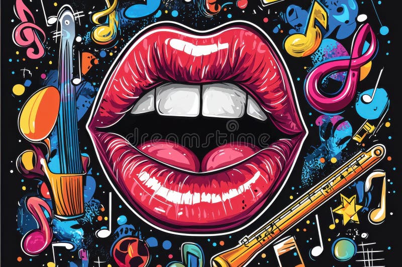 Vibrant Illustrated Lips Surrounded by Musical Instruments and Notes ...