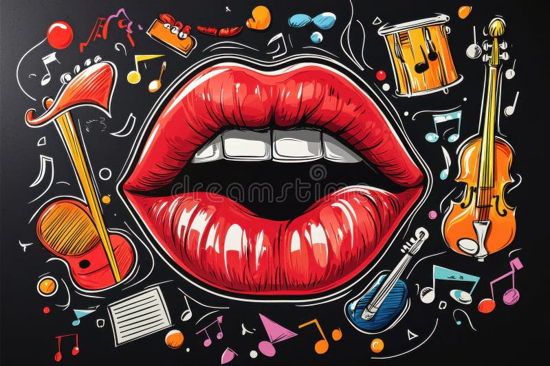 Vibrant Illustrated Lips Surrounded by Musical Instruments and Notes ...