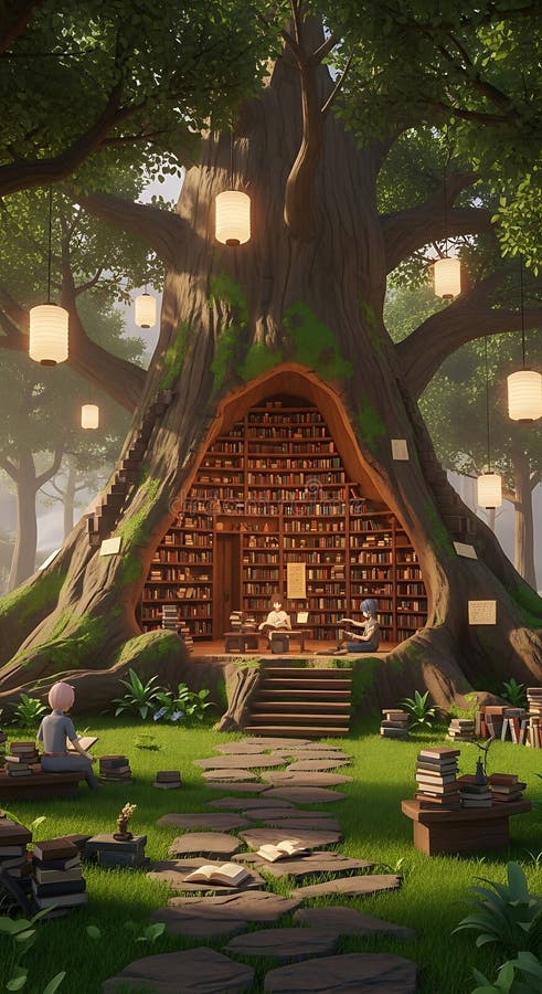 Imaginative Tree Library with Lanterns and Reading Area in Forest ...