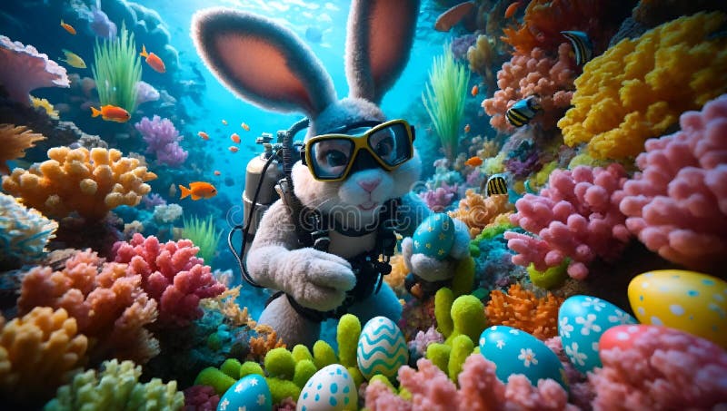 An Imaginative Underwater Scene with the Easter Bunny Exploring a ...