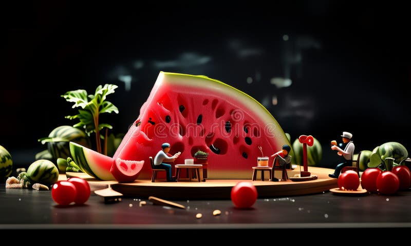 Miniature People Working on a Watermelon Slice Stock Image - Image of ...