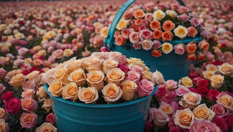Two Buckets of Roses in the Middle of the Rose Garden Stock ...