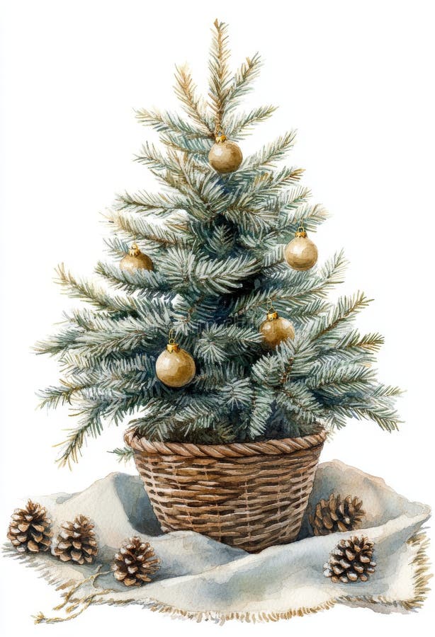 Imagine a Christmas Tree in a Basket, Depicted in an Illustration ...