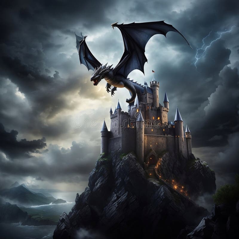 Imagine a Dragon Soaring Over a Medieval Castle in a Stormy Sky." Stock ...