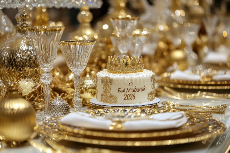 Luxurious Eid Table Setting with Eid Mubarak 2026 Cake and Gold-White ...