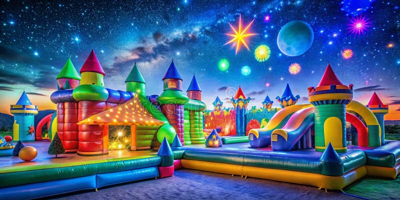 Enchanted Nighttime Play Inflatable Castles Sparkle Under a Starry Sky ...