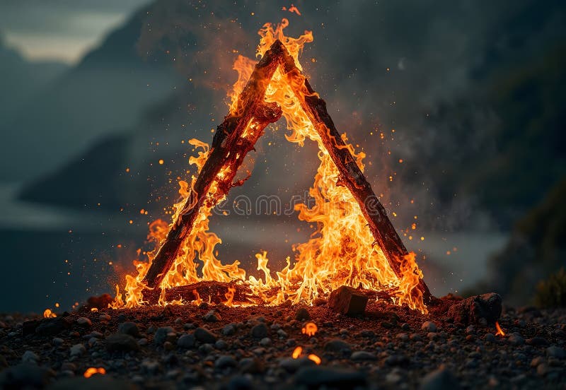 A Triangle-shaped Bonfire Surrounded by Rocks, with Vibrant Flames ...