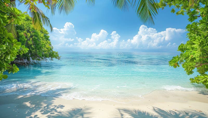 Imagine a Tropical Beach with Palm Trees and Clear Turquoise Water on ...