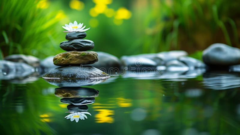 Zen Stone Stack with Lotus Flower on Calm Water Stock Photo - Image of ...