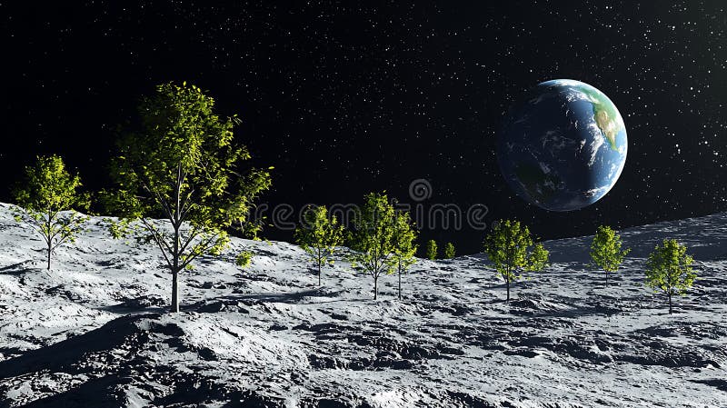 Imagining a New Frontier Trees on the Moon with Earth in View Blending ...