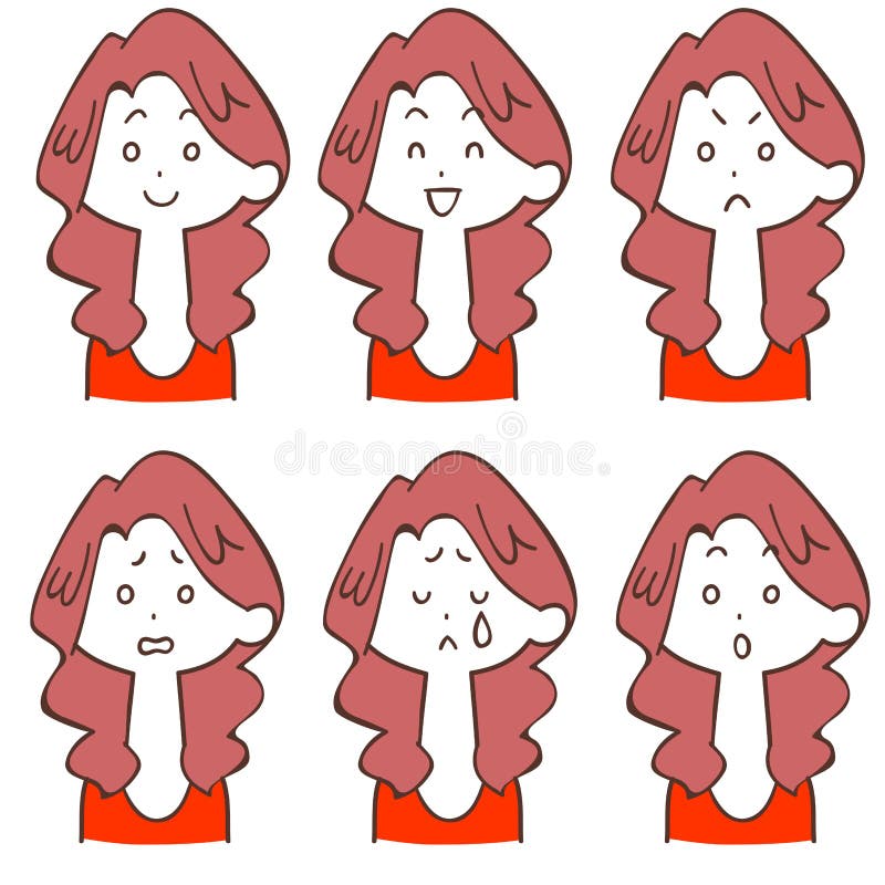 Facial Expression of Permanent Long-haired Women 6 Types Stock Vector ...