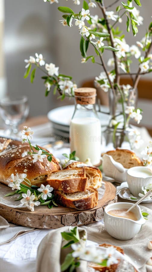 Imbolc. Rustic Spring Brunch with Fresh Bread and Floral Decor on Sunny ...