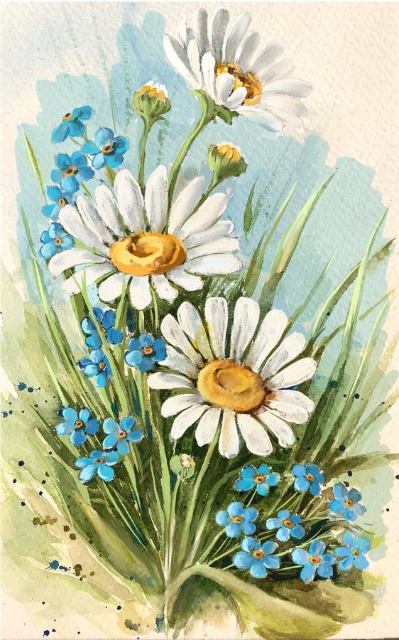 Still Life with a Bouquet of Daisies and Forget-me-nots Watercolor ...