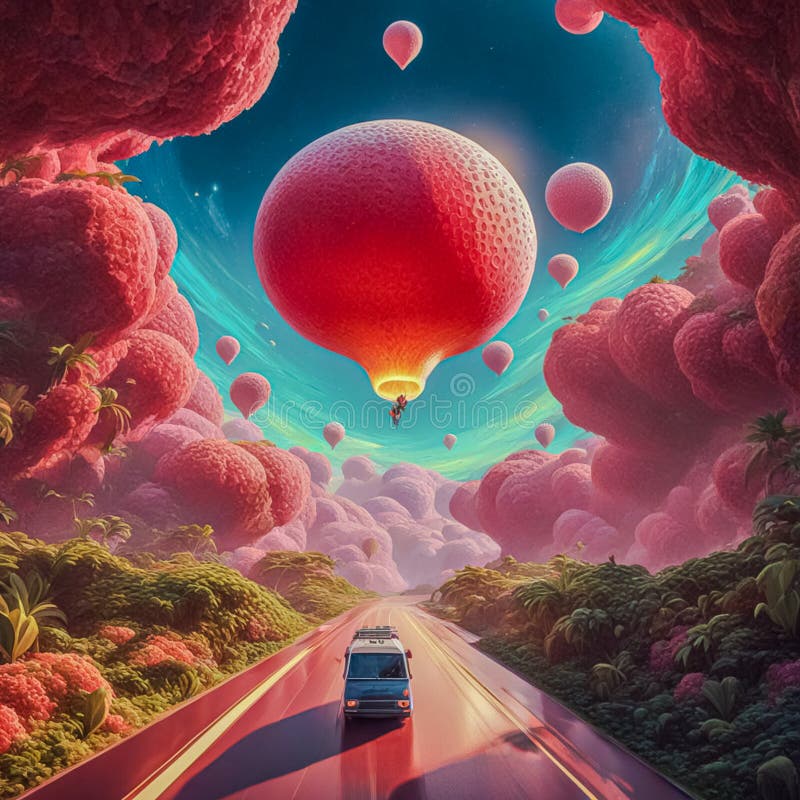 Illustration of an Endless Road Along Which a Car is Driving with a ...